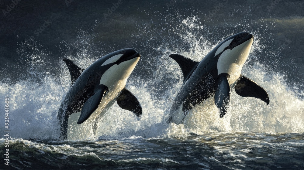 Orcas breaching the ocean surface in sync, representing the power and ...