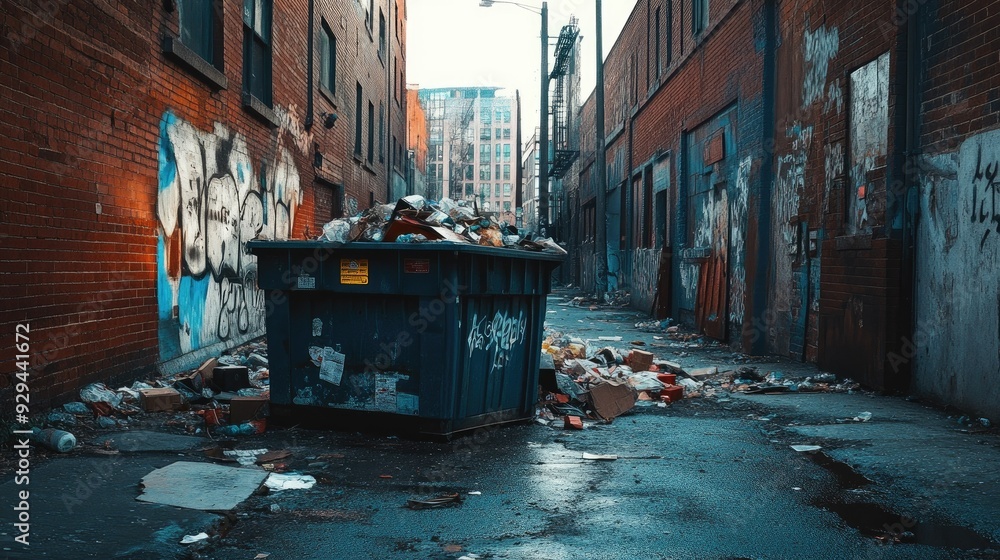 Overflowing dumpster in an alleyway, creating a gritty and neglected ...