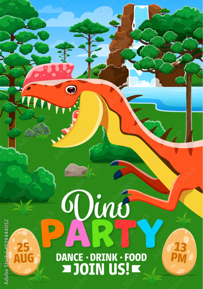 Kids party flyer with prehistoric cartoon dinosaur and dino eggs ...