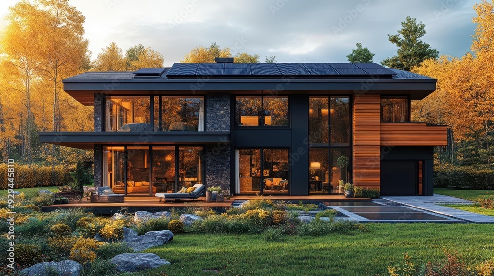 modern home crowned with sleek solar array warm sunlight gleams off ...