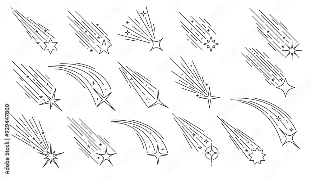 Doodle shooting stars, space comets and meteors at night sky with light ...