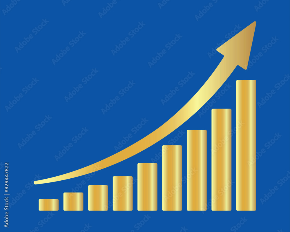 Golden shiny arrow is going up isolated on a blue background. Gold ...