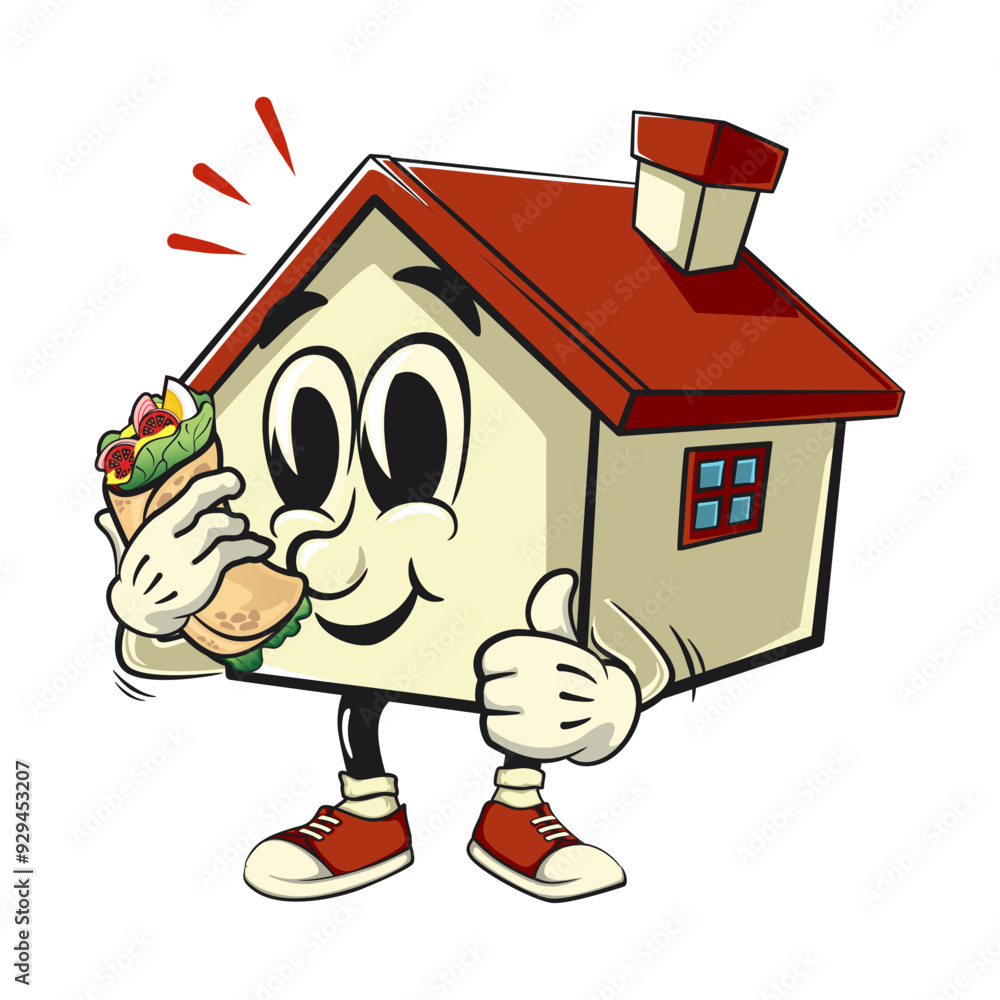 house cartoon character mascot retro vector design carrying a burritos ...