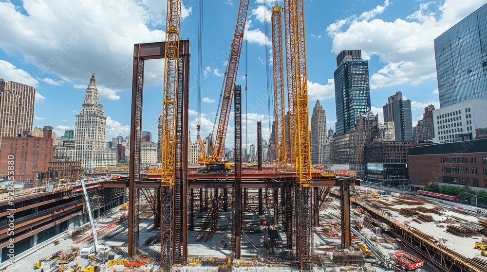 Large cranes lifting steel beams at a construction site, building a ...