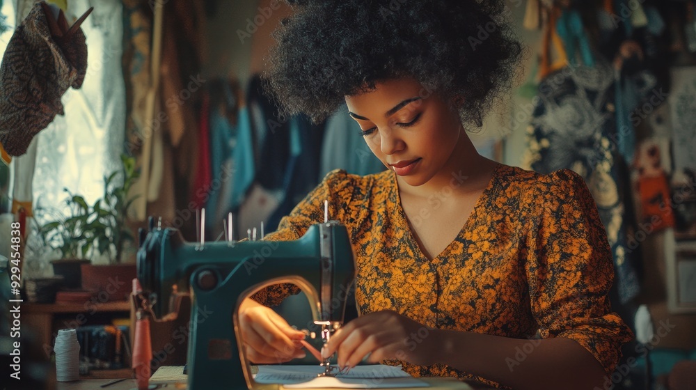 Woman sewing fabric on a vintage sewing machine, creating a new piece ...