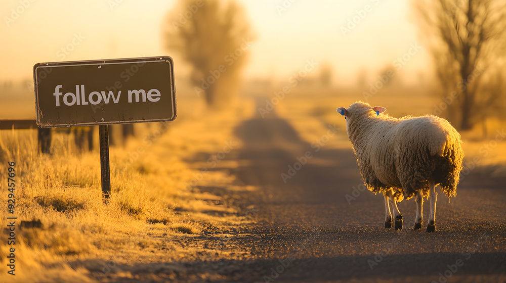 ภาพประกอบสต็อก Sheep walking on street or road towards the sign with ...