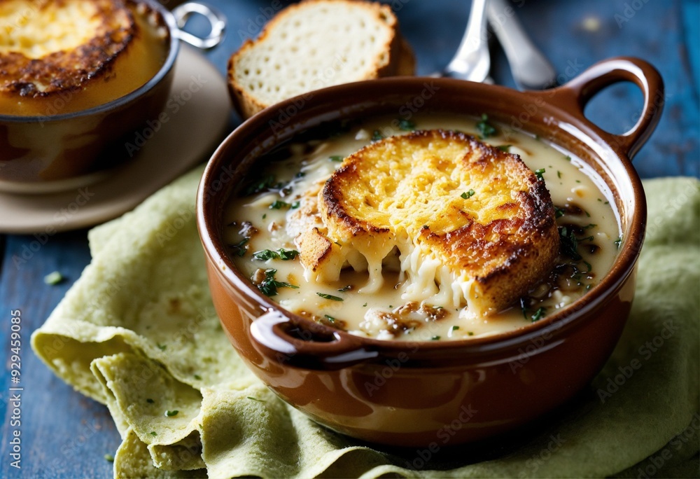 Capture the essence of a bowl of gratinated french onion soup in which ...