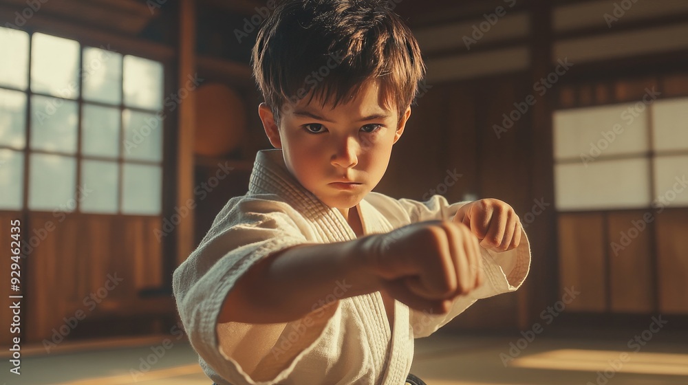Boy practicing karate in a dojo, focused and determined as he perfects ...
