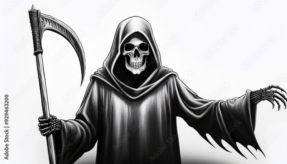 realistic drawing of death with scythe in black and white unreal ...