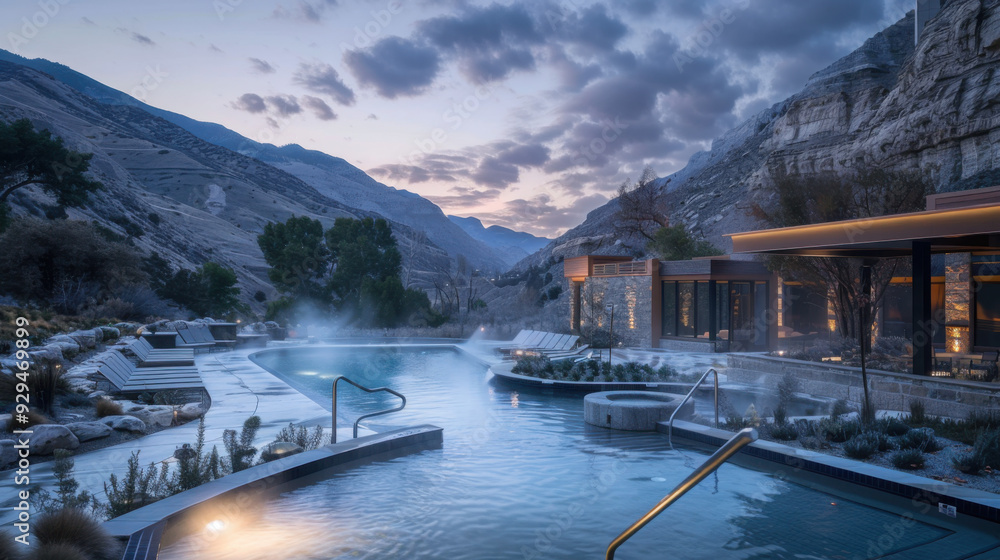 The tranquil mountain peak of the cliff edge hot spring in the twilight ...