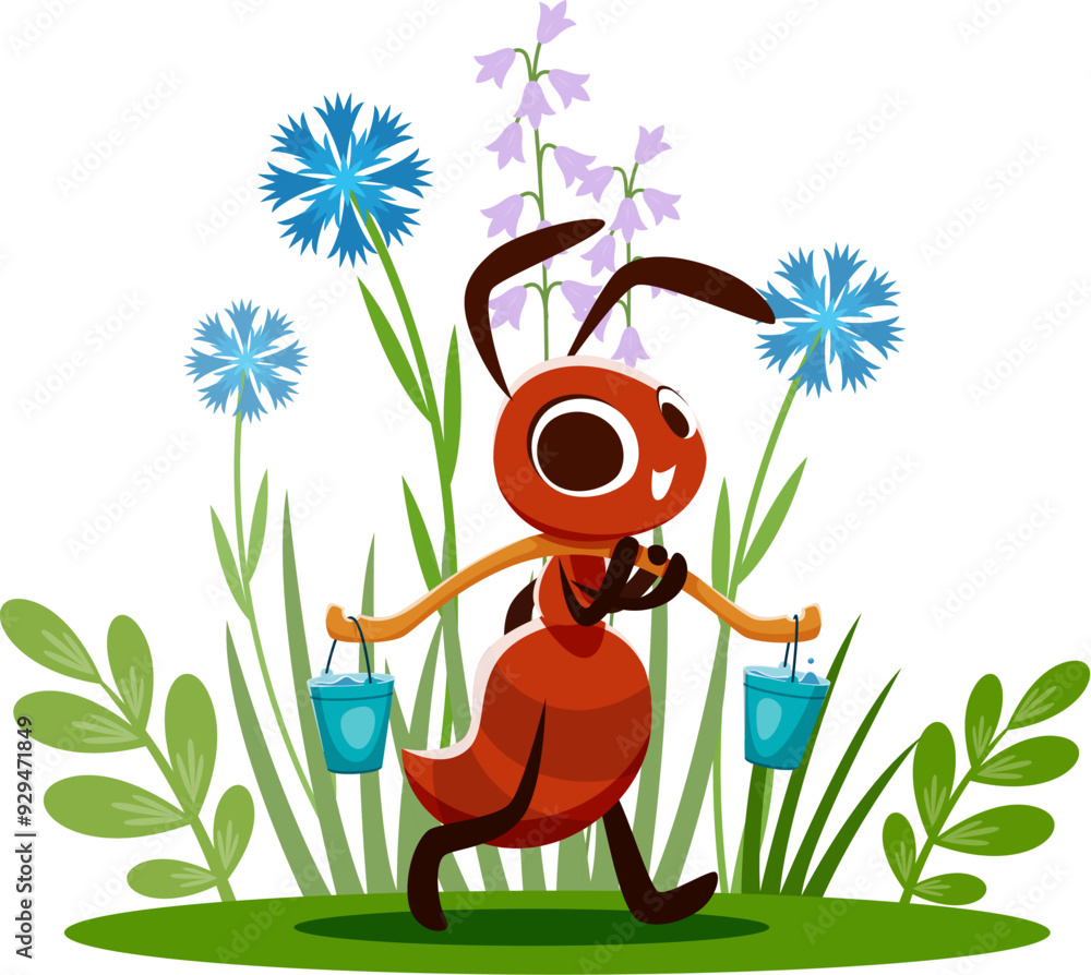 Vetor de Cartoon ant character carries a water. Cute vector insect ...