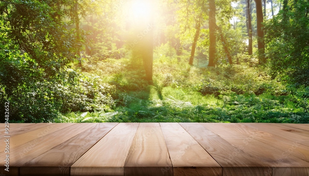 the picture of the wood table in the middle of the forest that ...