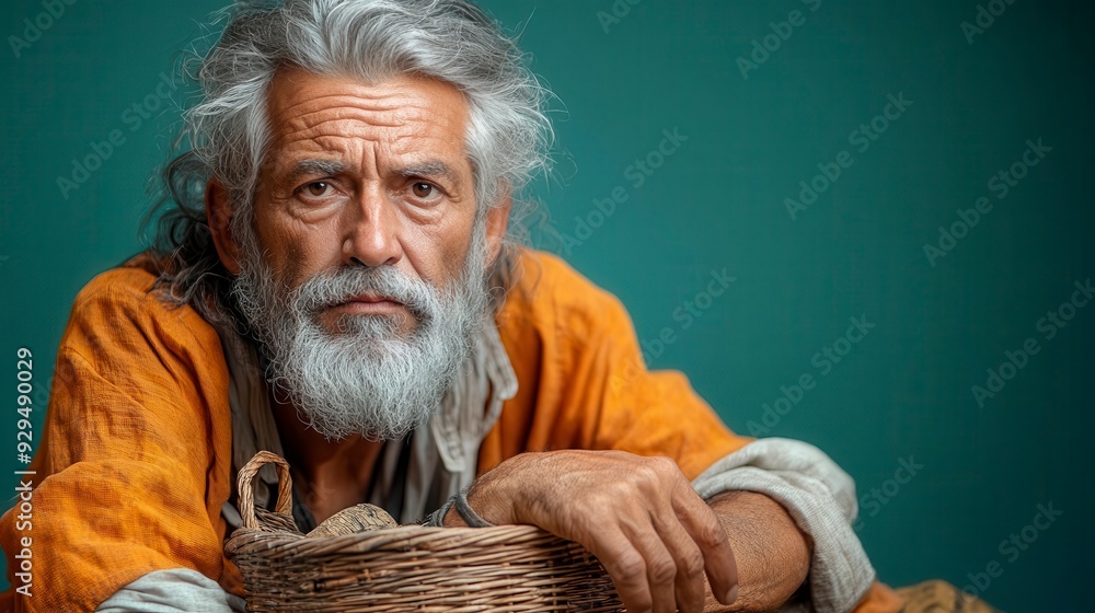 A weathered elderly man with a long white beard and gray hair looks ...