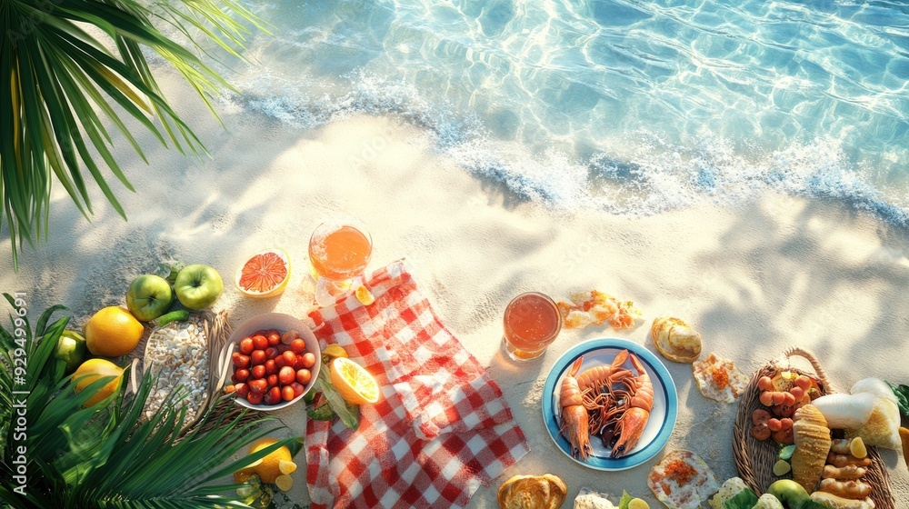 Beach picnic flyer featuring a scenic seaside picnic setup with seafood ...