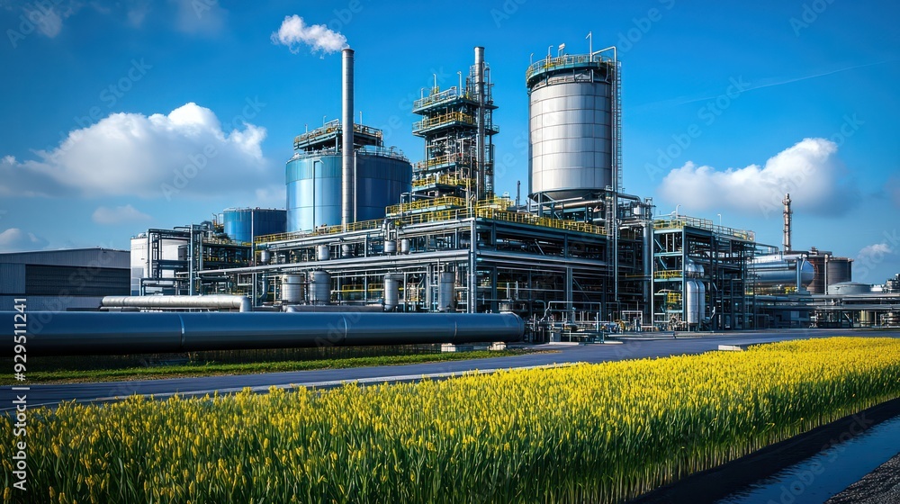 Exterior of a modern chemical plant, with pipes and storage tanks ...