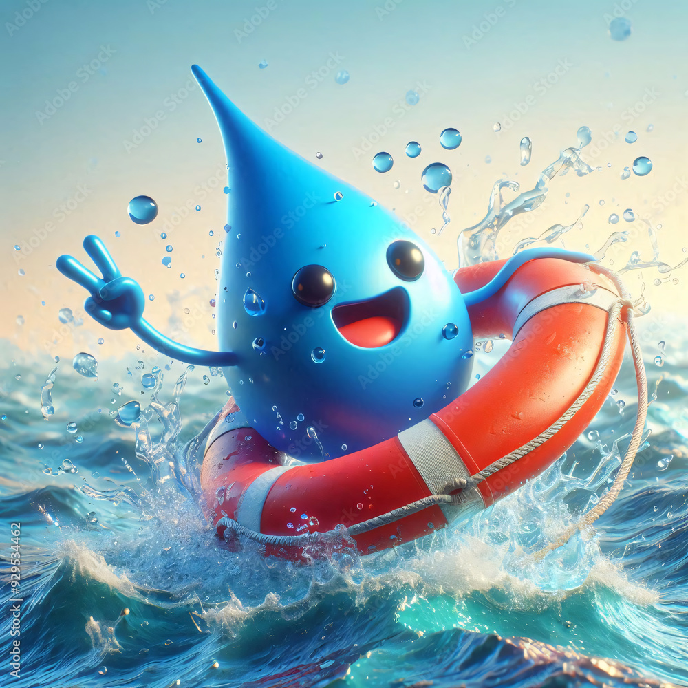 Smiling blue water drop character floats on a red lifebuoy in a wavy ...