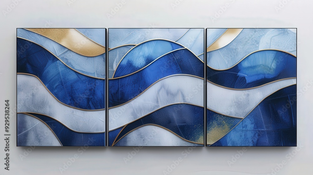 Produce a high-resolution triptych of abstract geometric wall art in blue and gold. Focus on ...