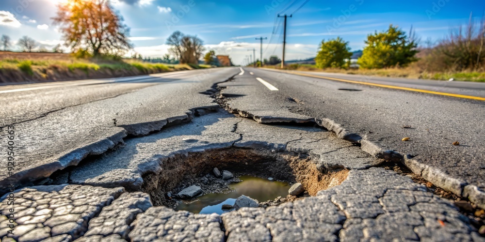 A deep pothole and extensive crack in the asphalt road surface reveals ...