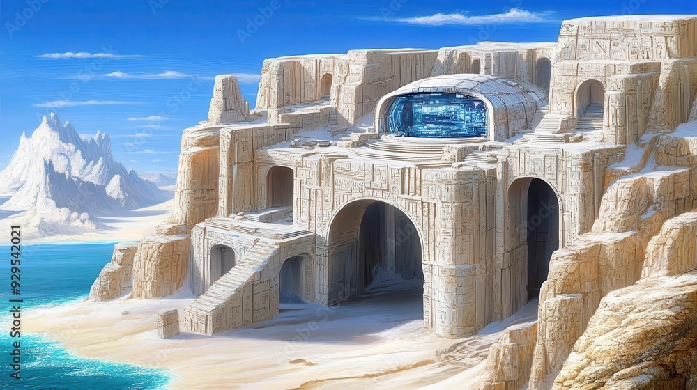 Expansive ancient ruins with a high-tech habitat inside, protected by ...