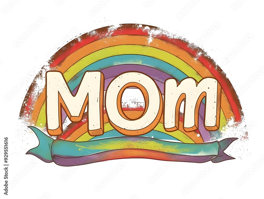A colorful rainbow with the word "MOM" in front of it, a vintage style ...