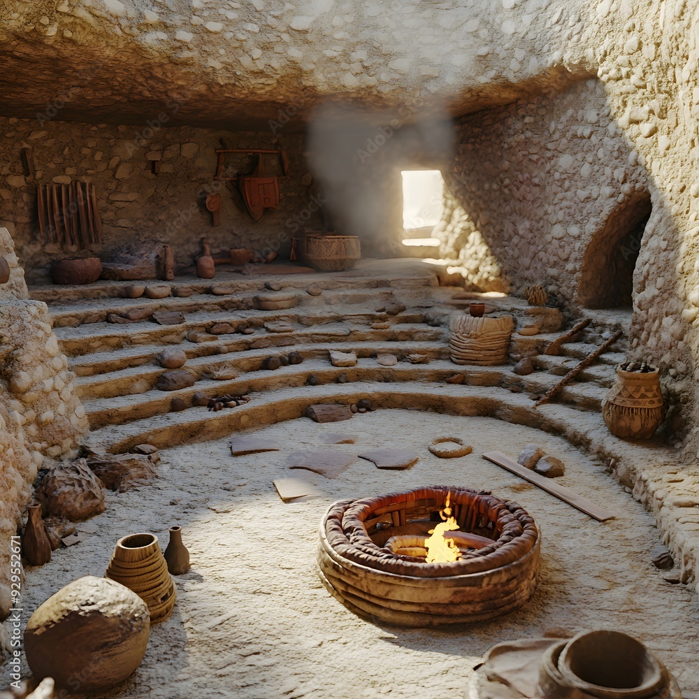 56. A 3D visualization of a traditional Hopi kiva with ritual objects ...
