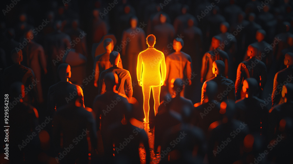 : Standout Glowing Man in Dark Background Concept 3D Render Depicting ...
