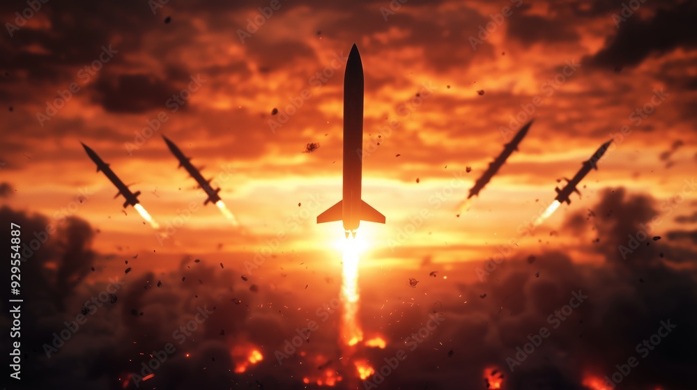 Multiple missiles are captured mid-launch, rising against a vibrant ...