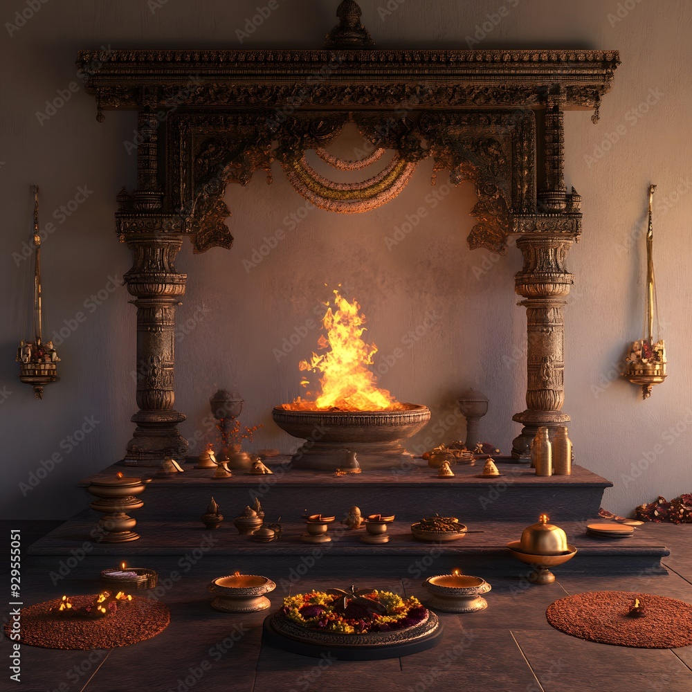 63. A 3D rendering of a traditional Vedic yajna altar with ritualistic ...