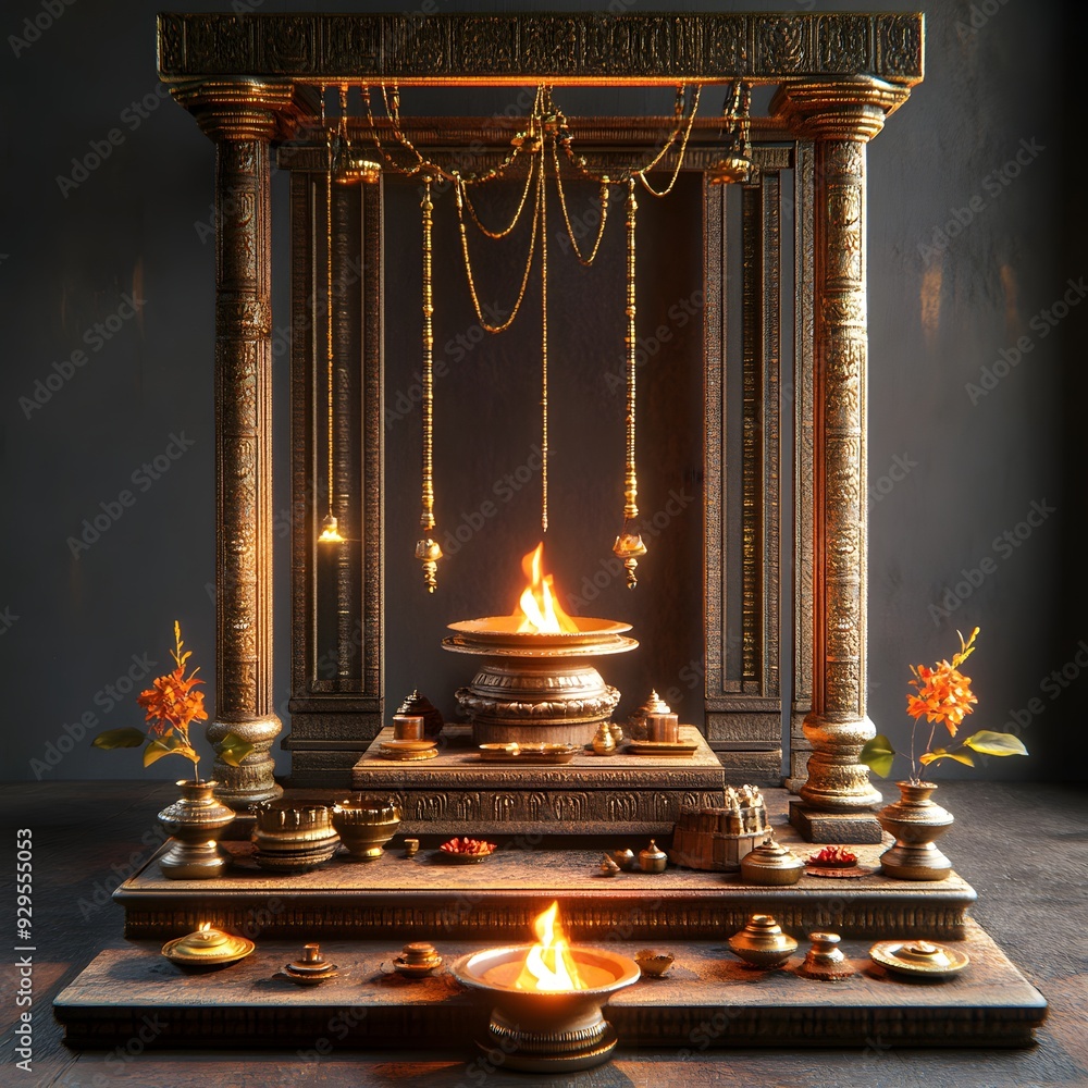 63. A 3D rendering of a traditional Vedic yajna altar with ritualistic ...