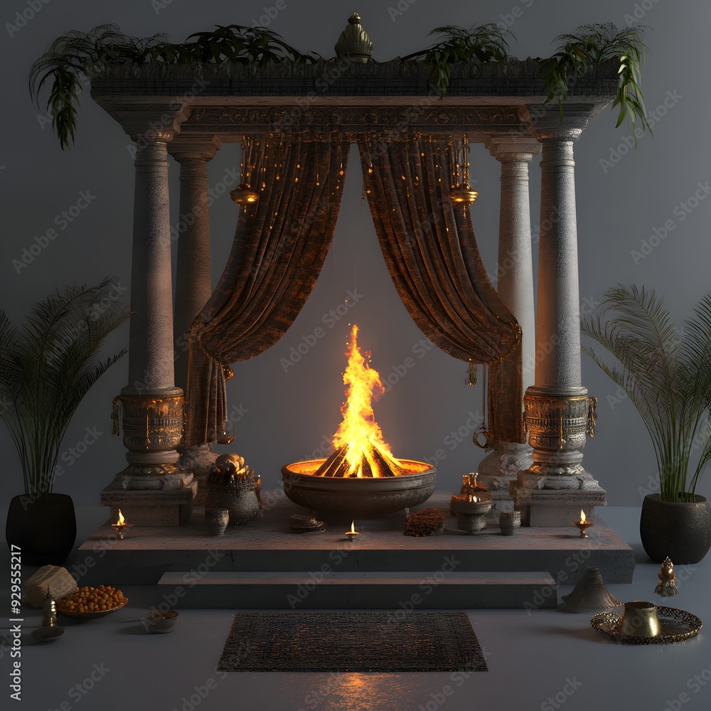 63. A 3D rendering of a traditional Vedic yajna altar with ritualistic ...