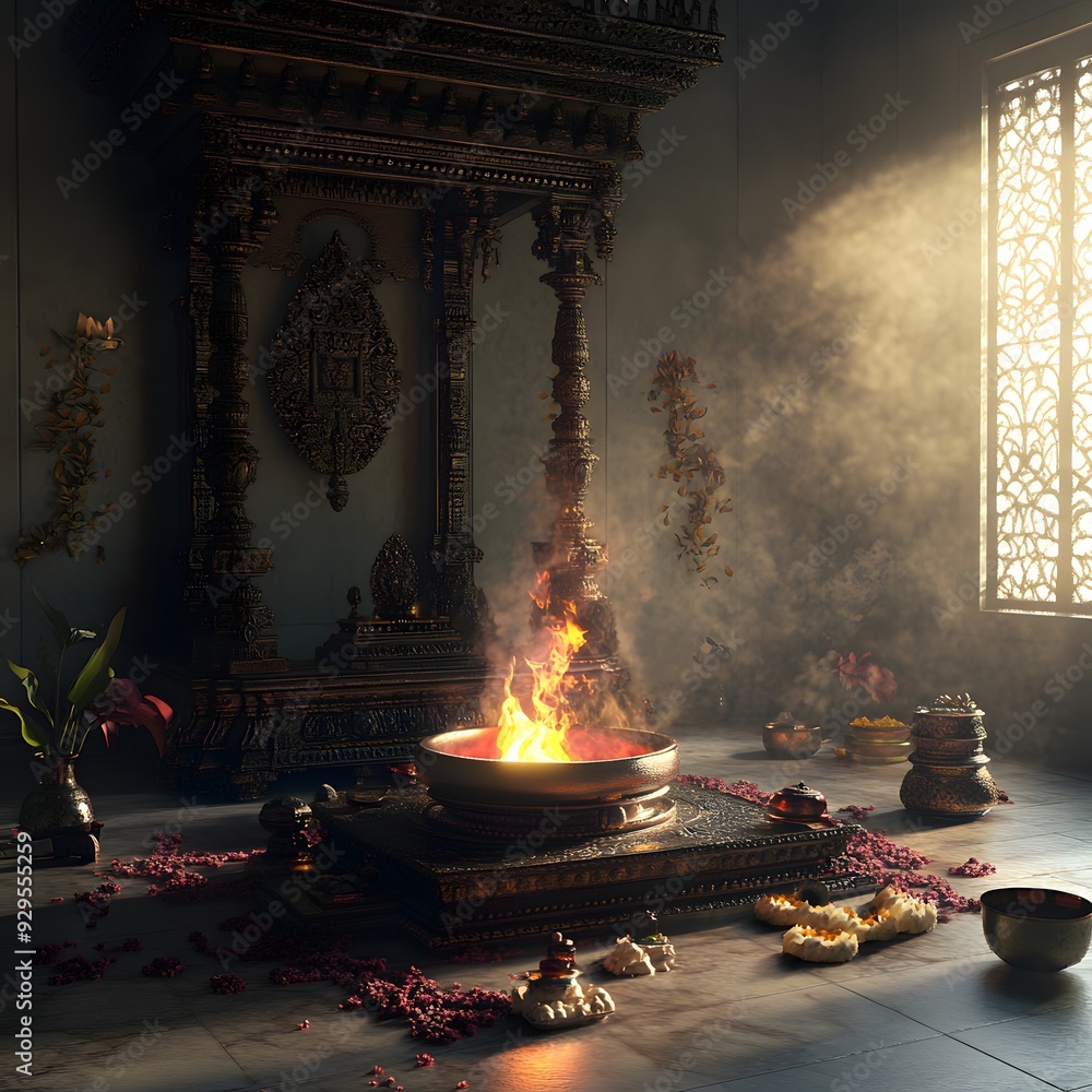 63. A 3D rendering of a traditional Vedic yajna altar with ritualistic ...