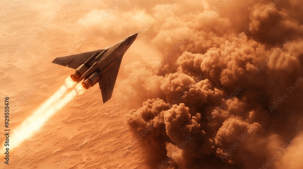 ภาพประกอบสต็อก Supersonic jet aircraft flying above desert clouds with ...