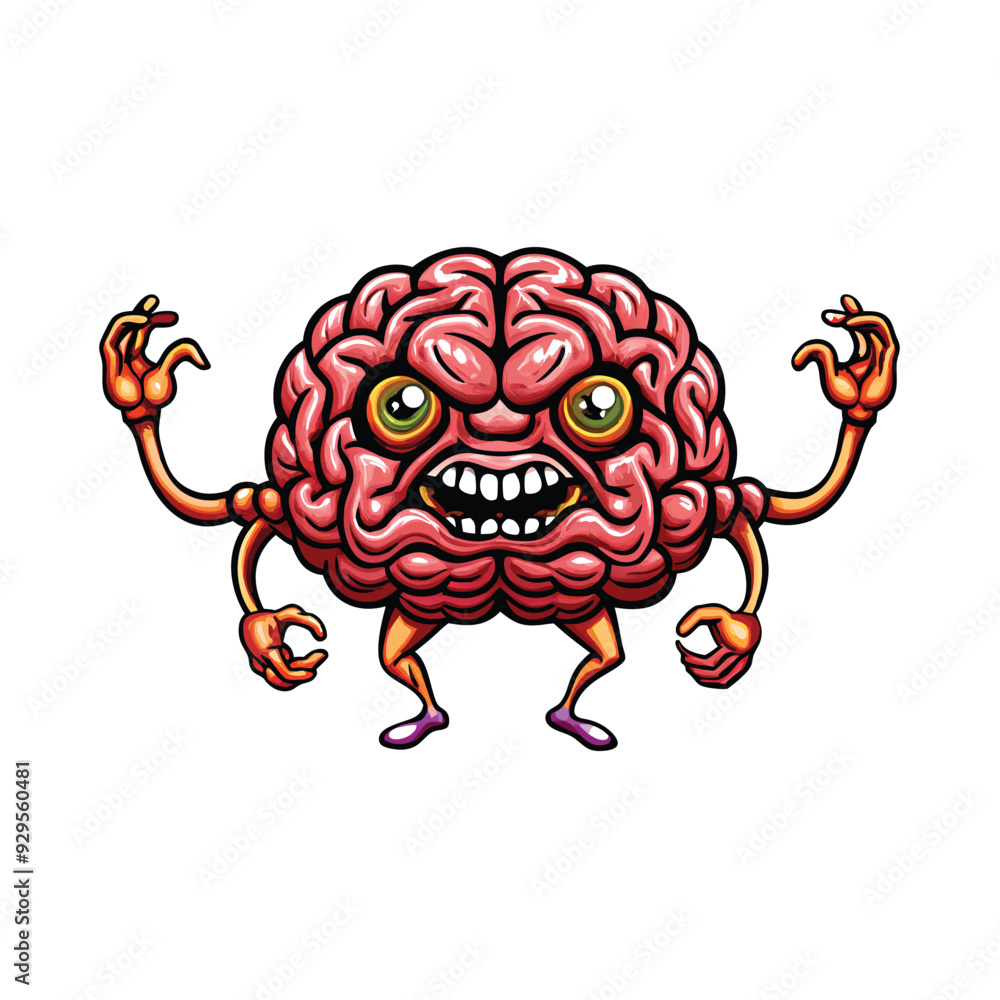 Cartoon brain monster with four arms and legs, wrinkles and big green ...