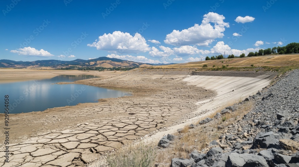 A detailed view of a nearly empty reservoir with low water levels and ...