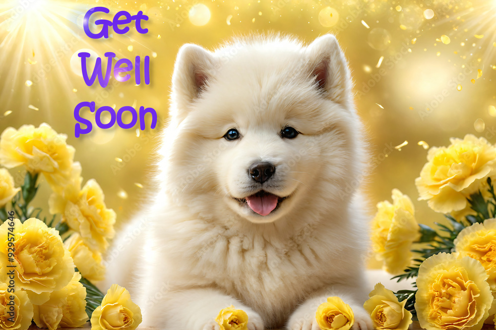 Get well soon card features a Samoyed dog and a heartwarming bouquet of ...