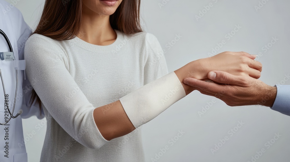 A woman left arm in a plaster cast and supported by a brace, the focus ...