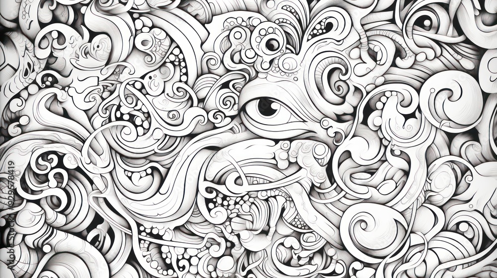Whimsical Eye in a Sea of Swirls: A mesmerizing black and white doodle ...