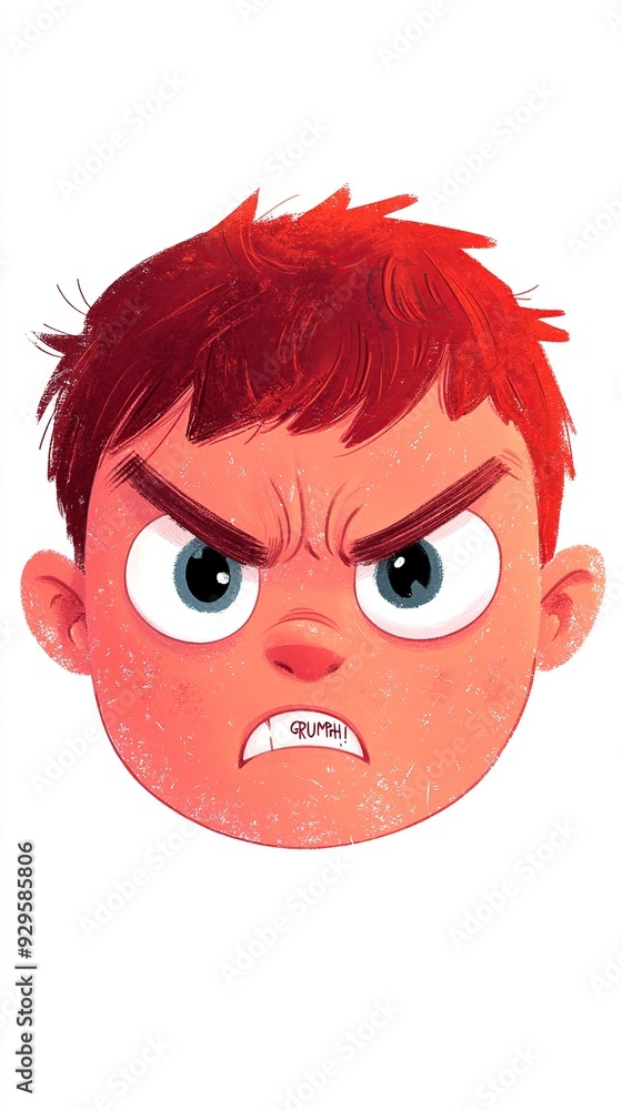 A cartoon illustration of a young boy with red hair, a furrowed brow ...