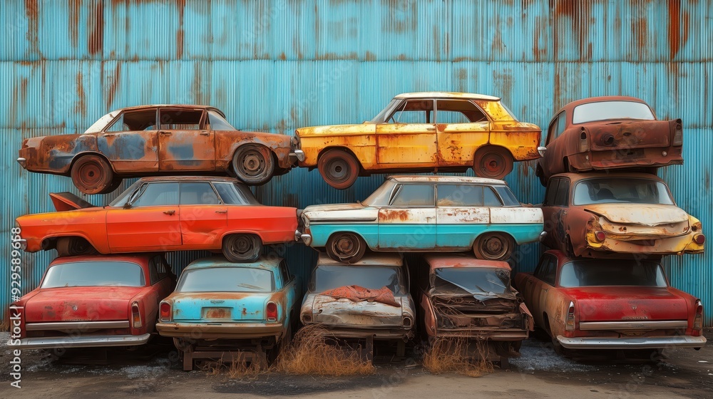 Rusted classic cars stacked in scrapyard. Stack of rusted classic cars placed against a ...