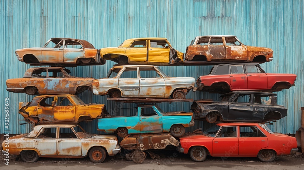 Rusted vintage cars stacked in layers. Layers of rusted vintage cars ...