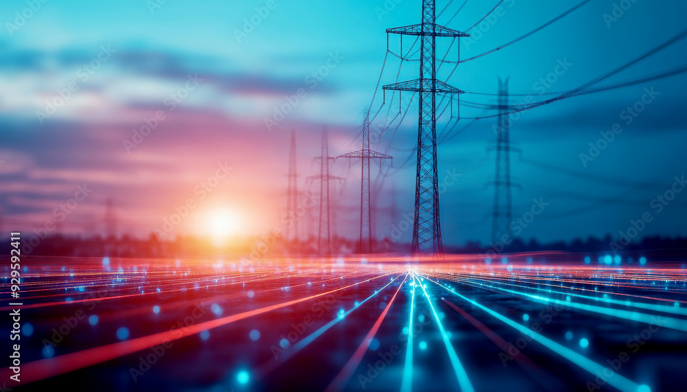 Illuminated power lines stretch into a vibrant sunset, showcasing an ...