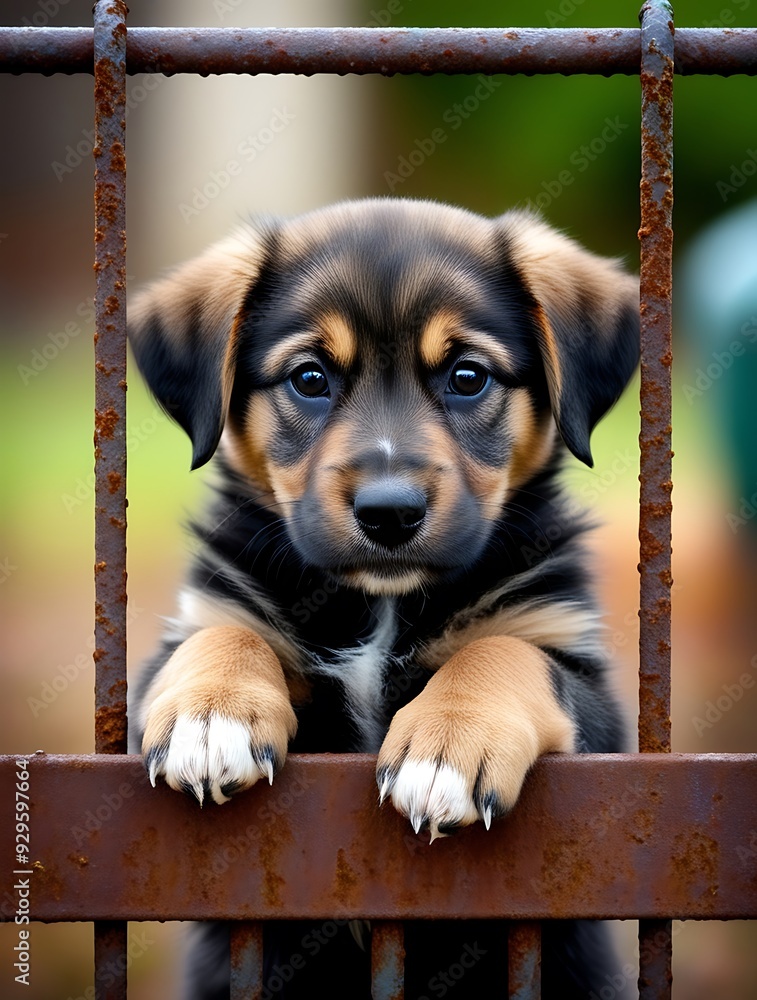 Dog peers through the metal bars of cage, symbolizing the plight of ...