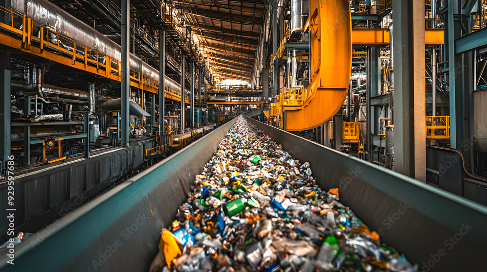 A large recycling plant with an industrial conveyor belt transporting ...