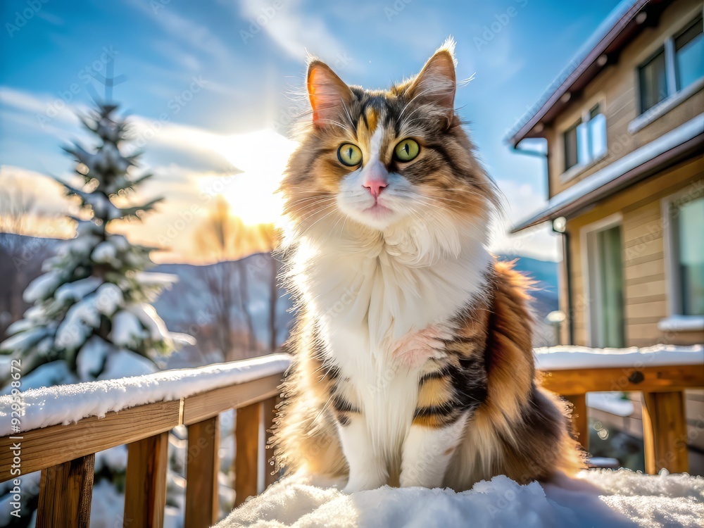 Adorable female calico cat with fluffy fur and comical expression sits ...