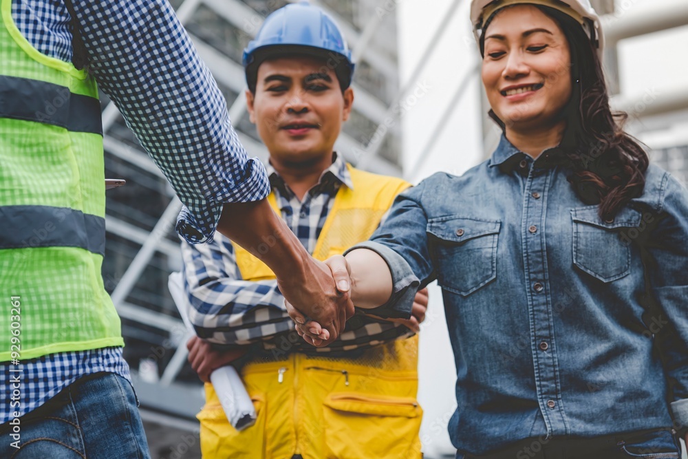 Civil Construction engineer teams shaking hands together wear work ...