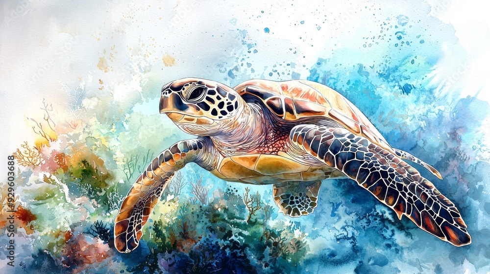 Watercolor sea turtle swimming gracefully through coral reefs, with ...