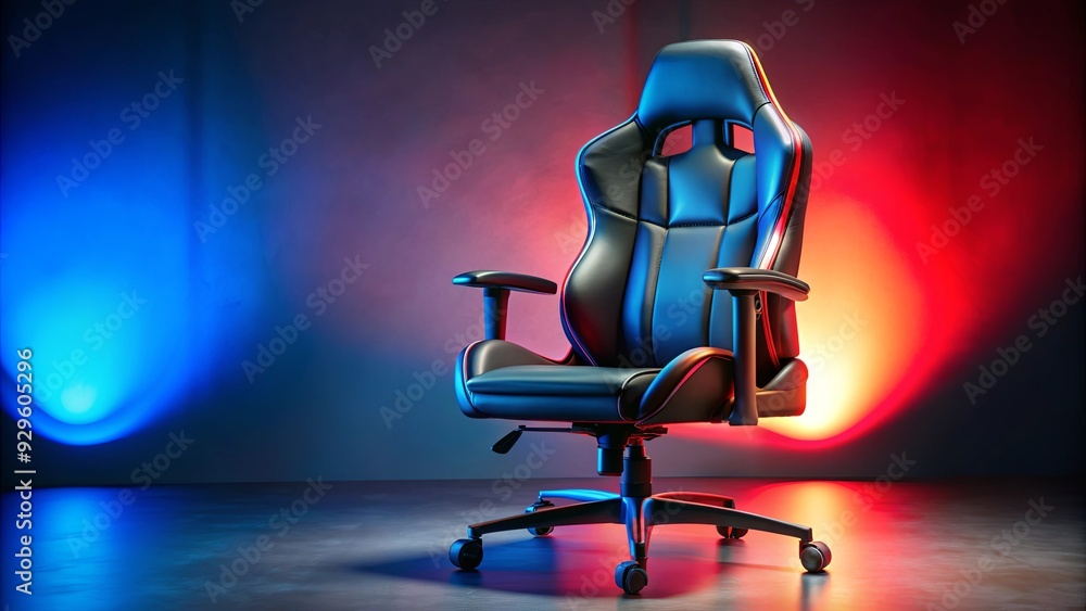 Black gaming chair with red and blue lights and space for lettering ...