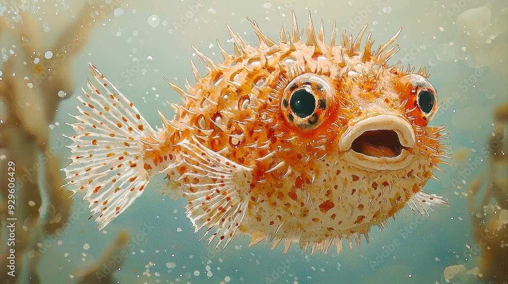 Watercolor pufferfish expanding, with a playful expression and detailed ...