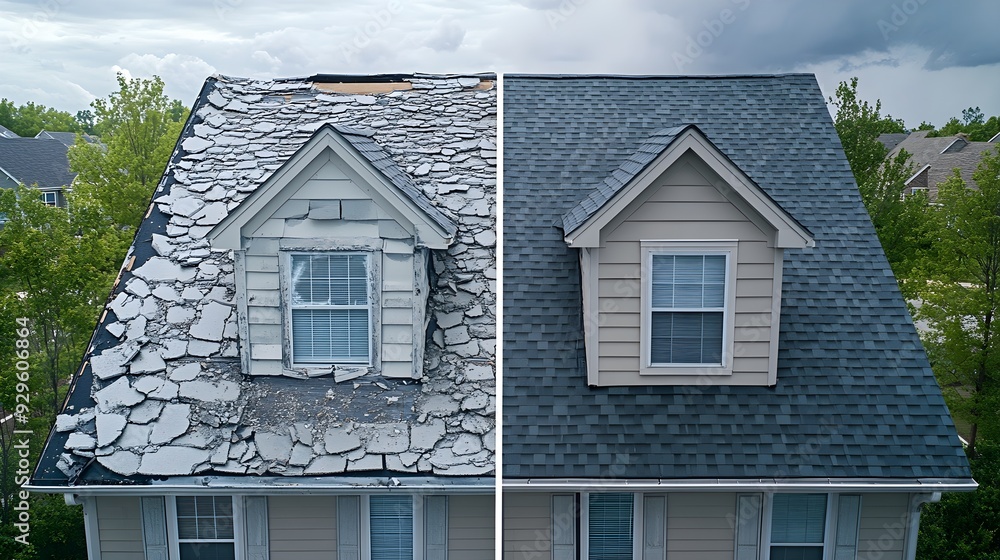 Comparison of roof conditions before and after hail damage, showcasing ...