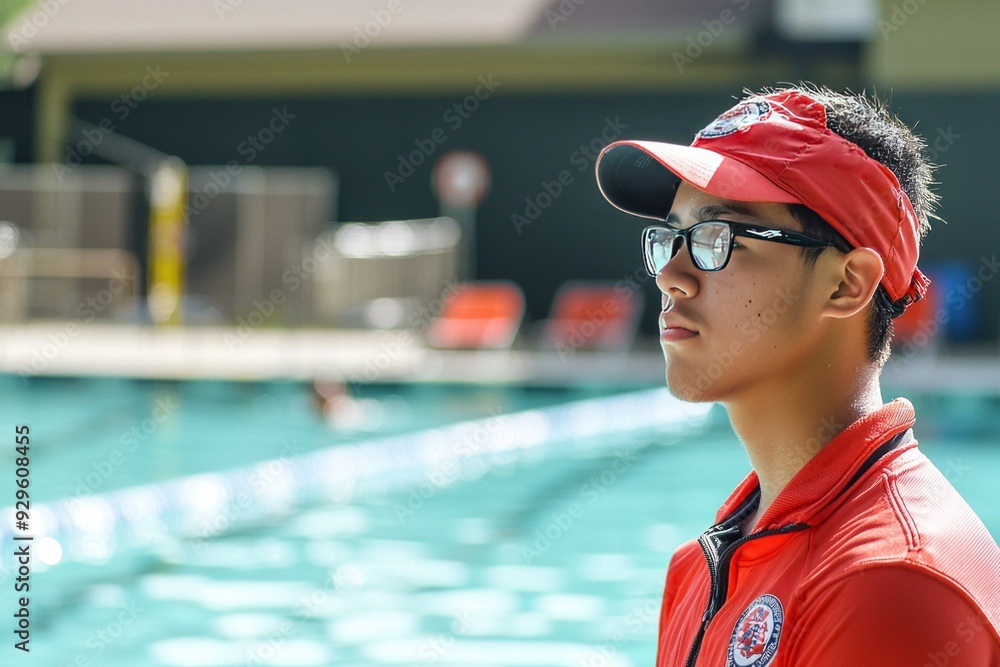 A student working as a lifeguard at a community pool, monitoring ...